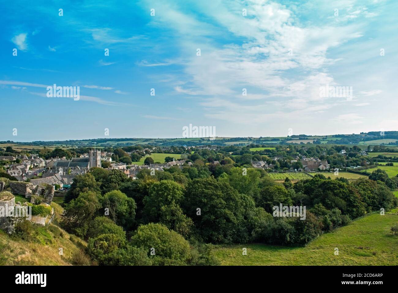 Panoramic view from Corfe Castle in late summertime, Dorset, England ...
