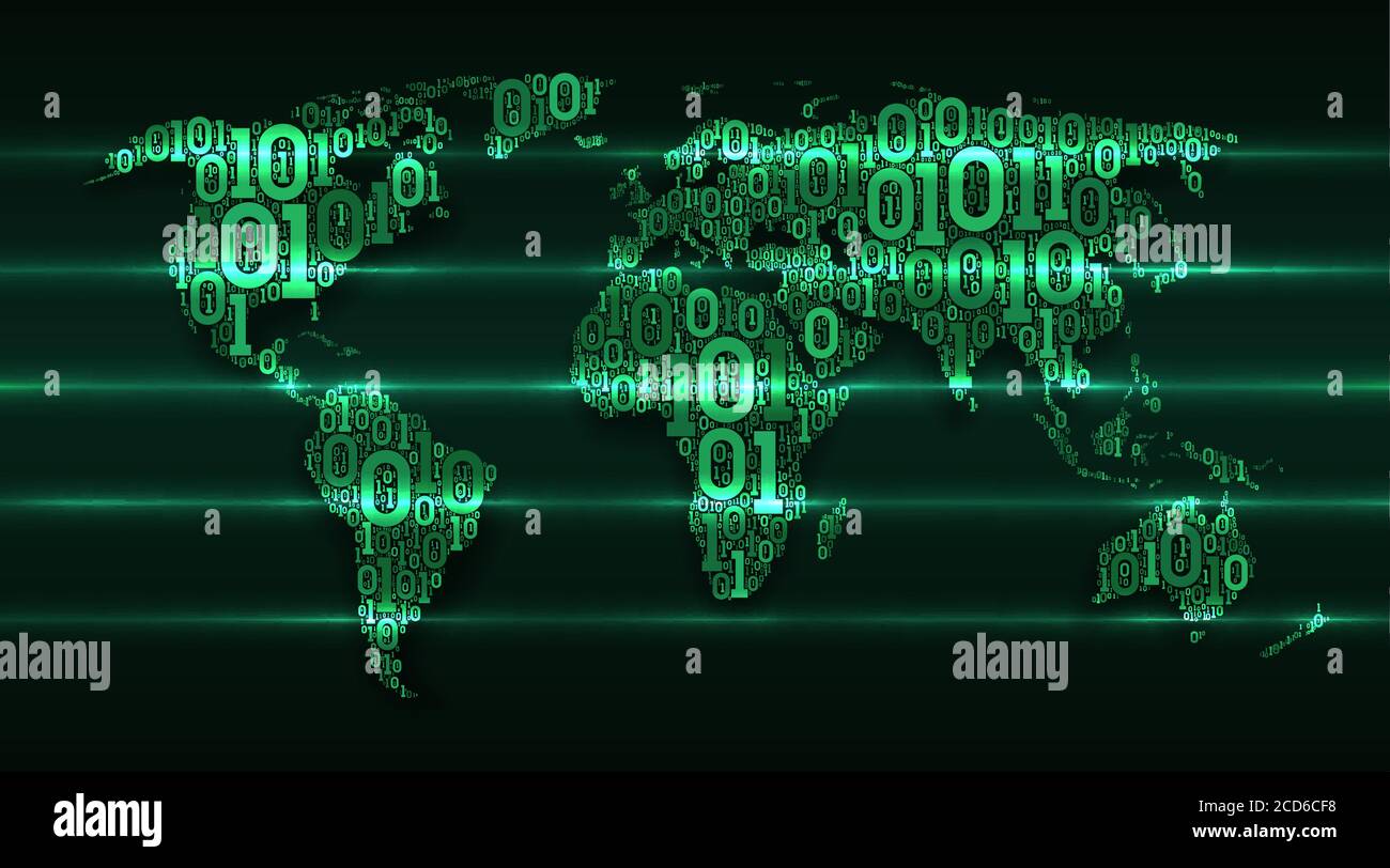 Abstract Map World With Continents From Digital Binary Code On A Dark
