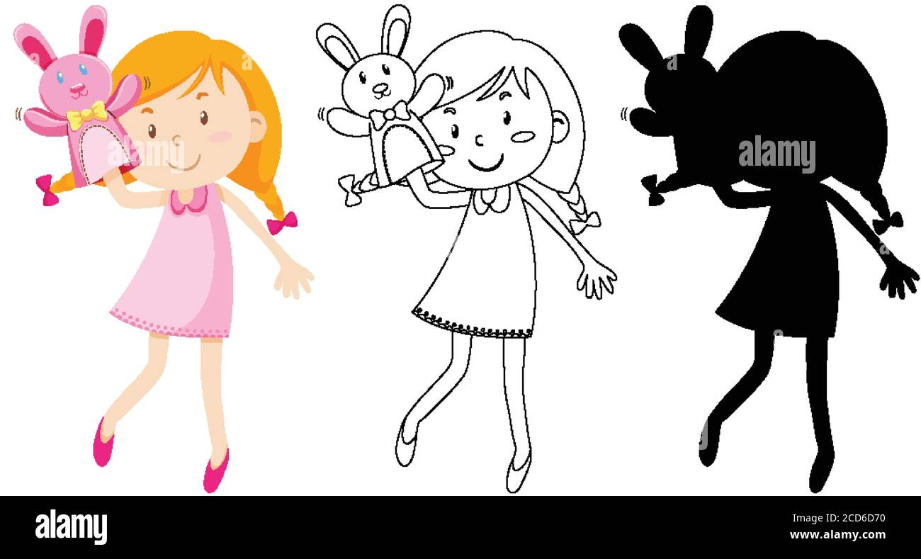 Girl playing with doll hand in colour and silhouette and outline ...
