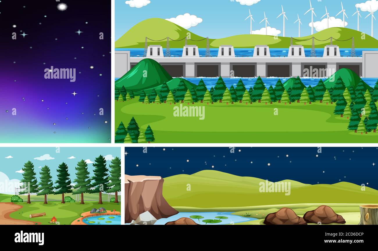 Four different scenes in nature setting cartoon style illustration ...