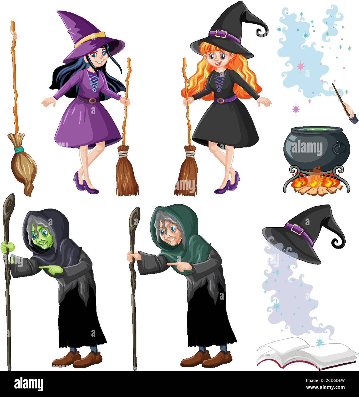 Set of wizard or witches and tools cartoon style isolated on white ...