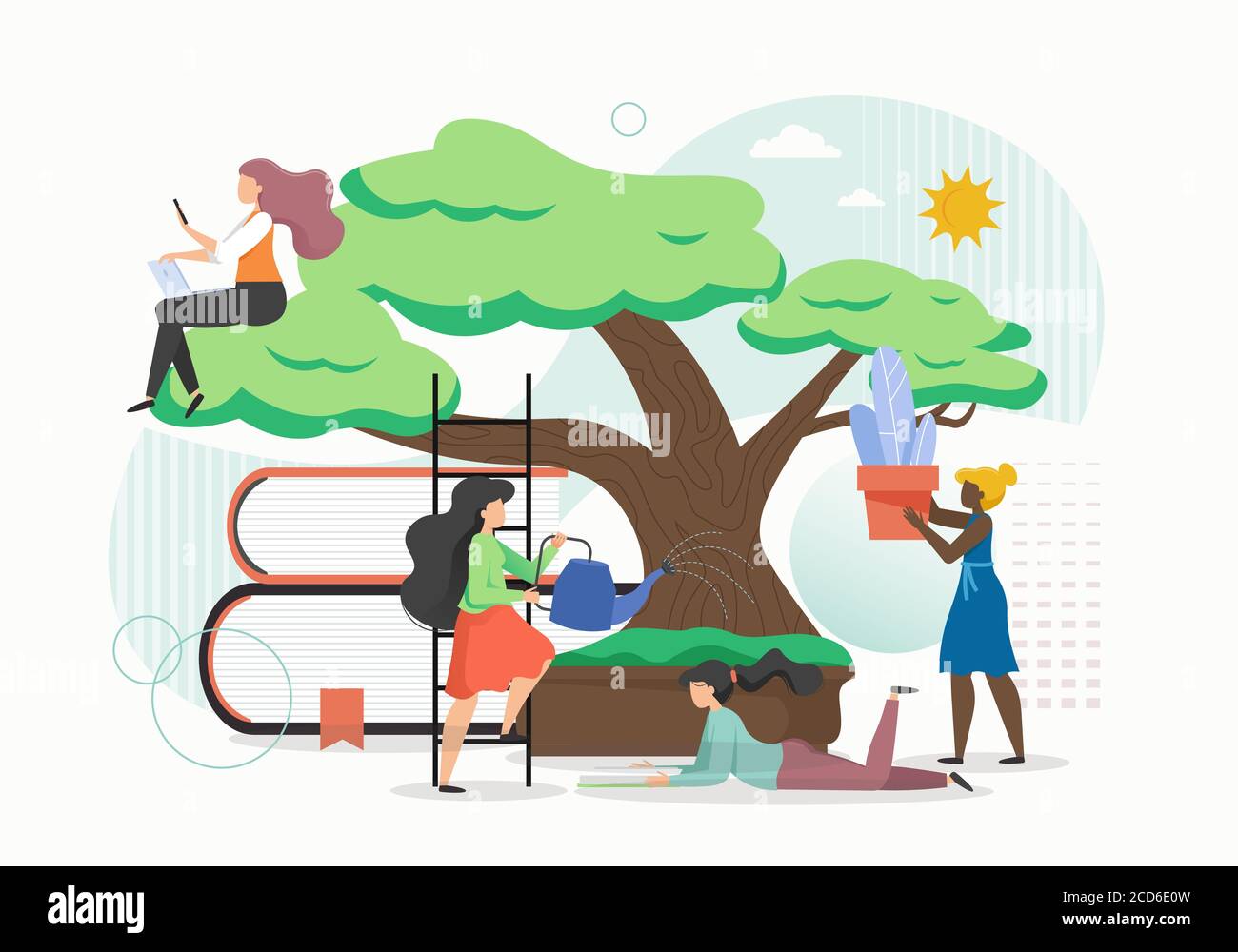 Women studying gardening online, reading book, flat vector illustration ...