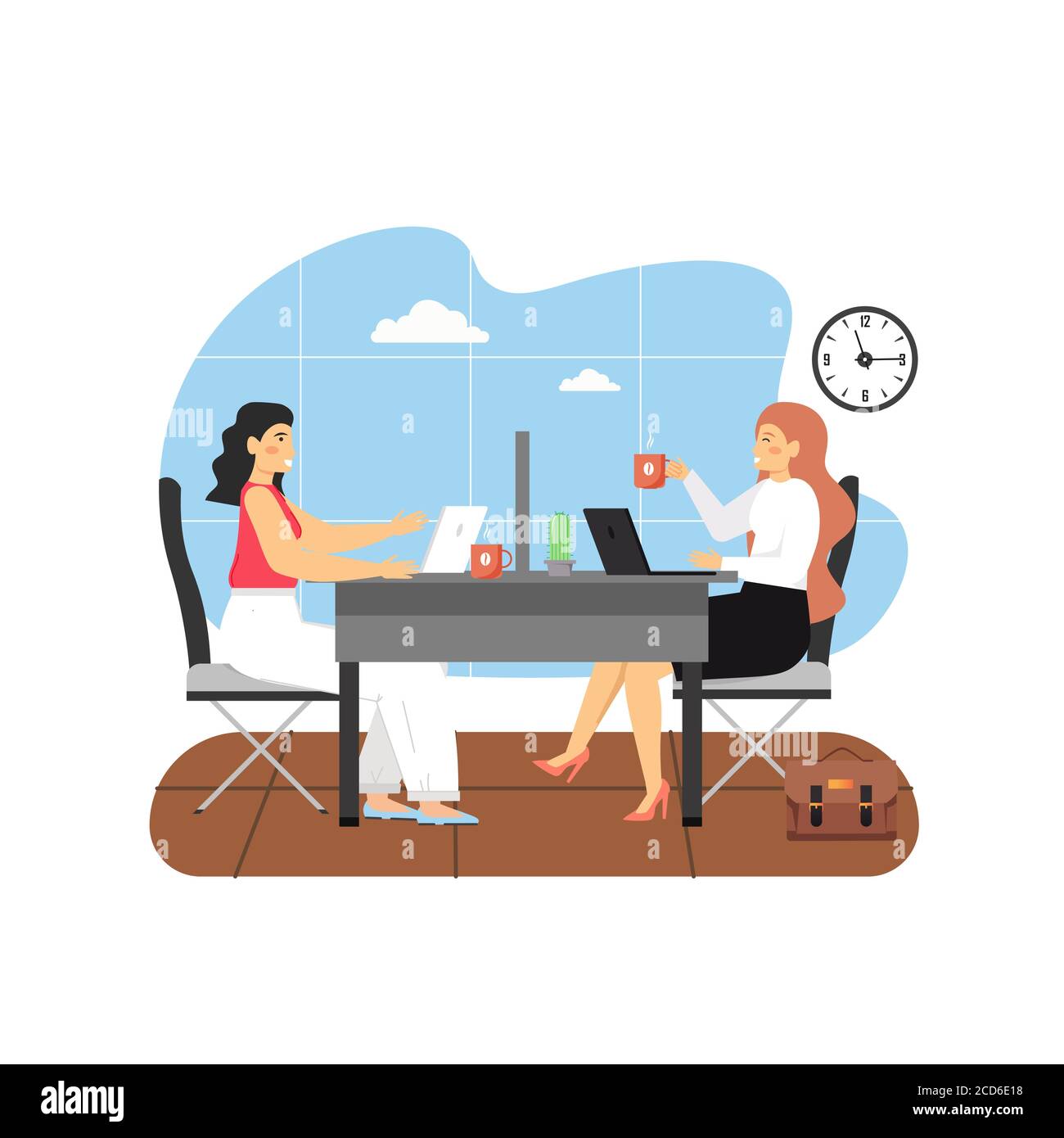 Office scene with modern workplace, two women working together and ...