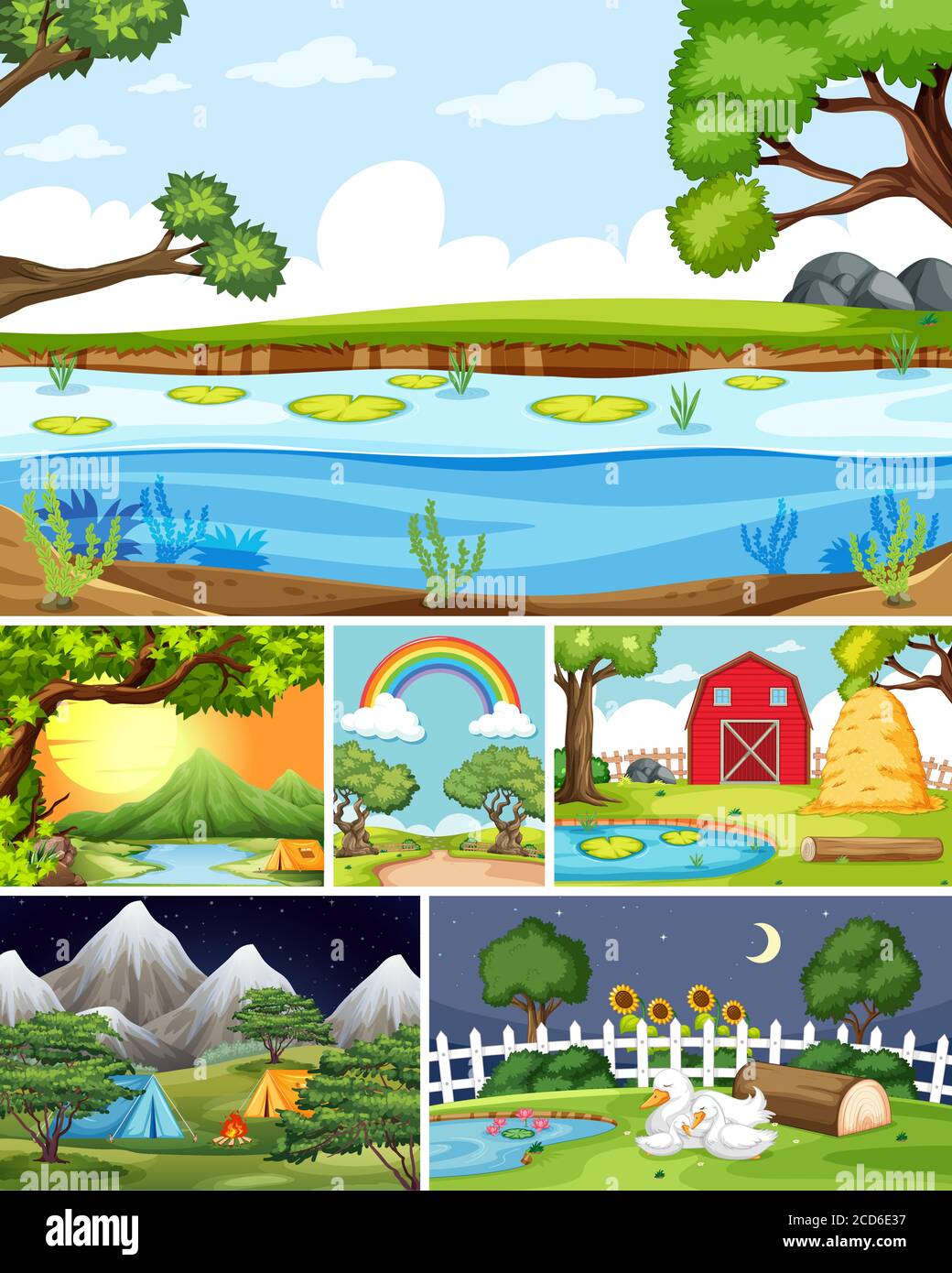 Six different scenes in nature setting cartoon style illustration Stock ...