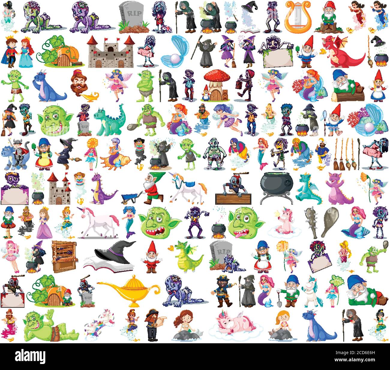 Set of fantasy cartoon characters and fantasy theme isolated on white ...