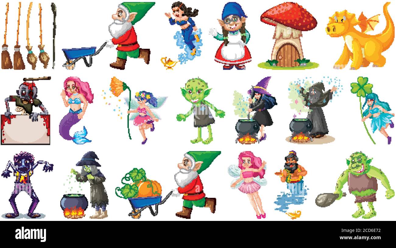 Set of fantasy cartoon characters and fantasy theme isolated on white ...