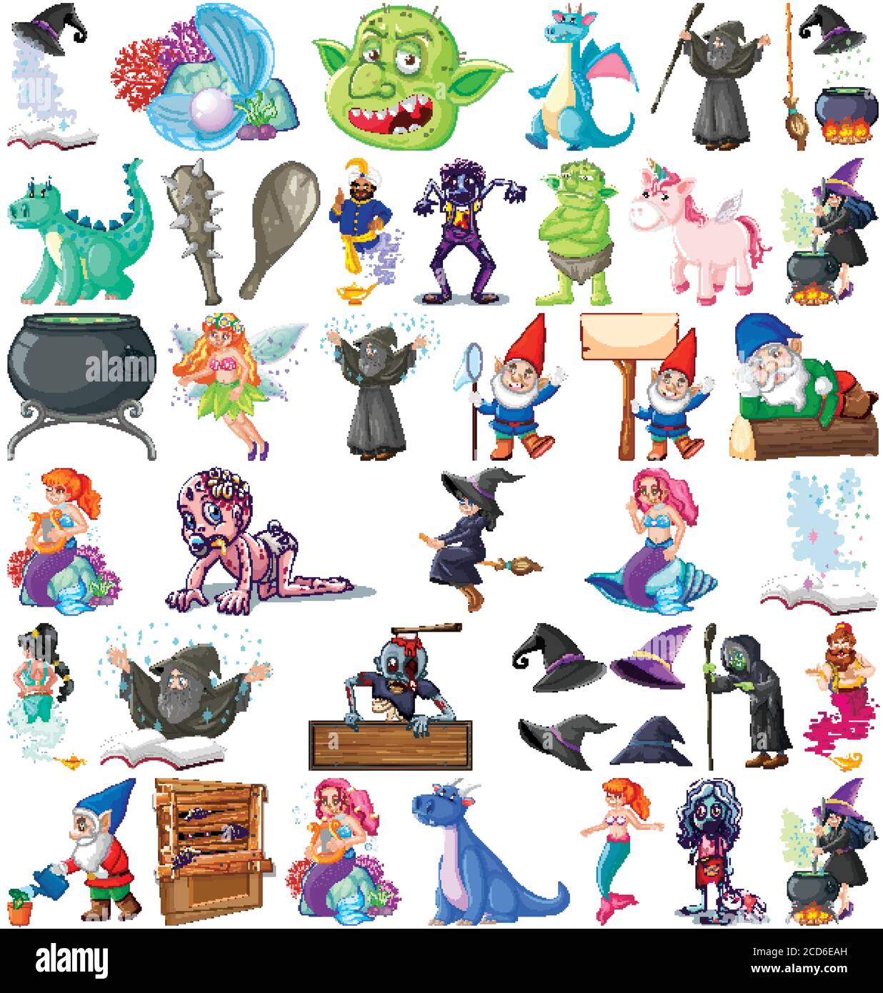 Set of fantasy cartoon characters and fantasy theme isolated on white ...