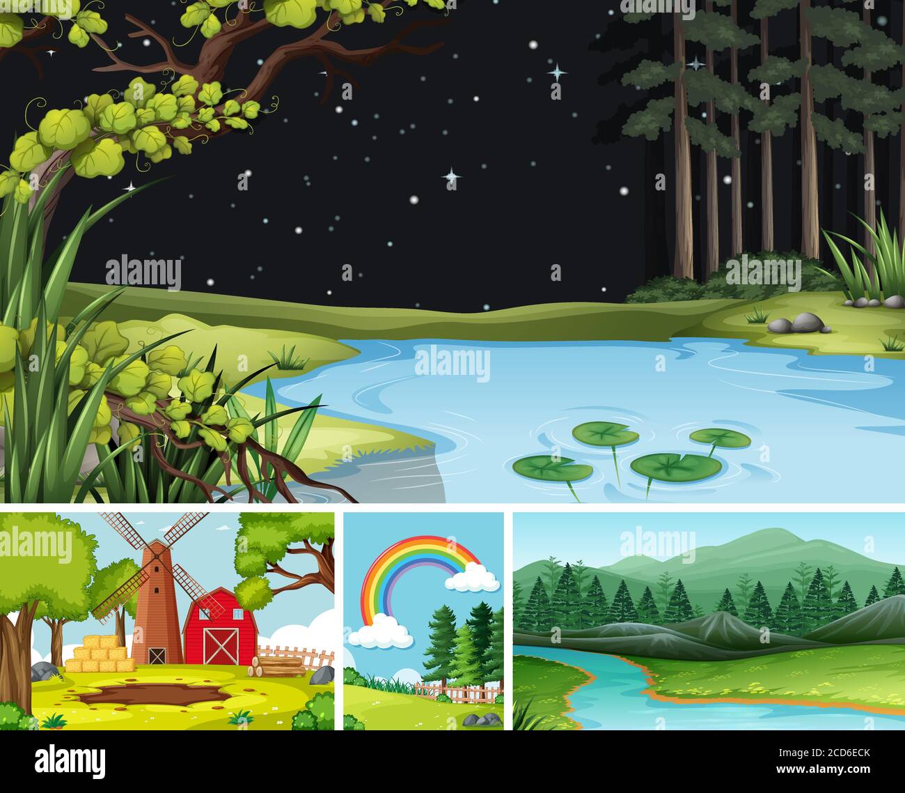 Four different scenes in nature setting cartoon style illustration ...
