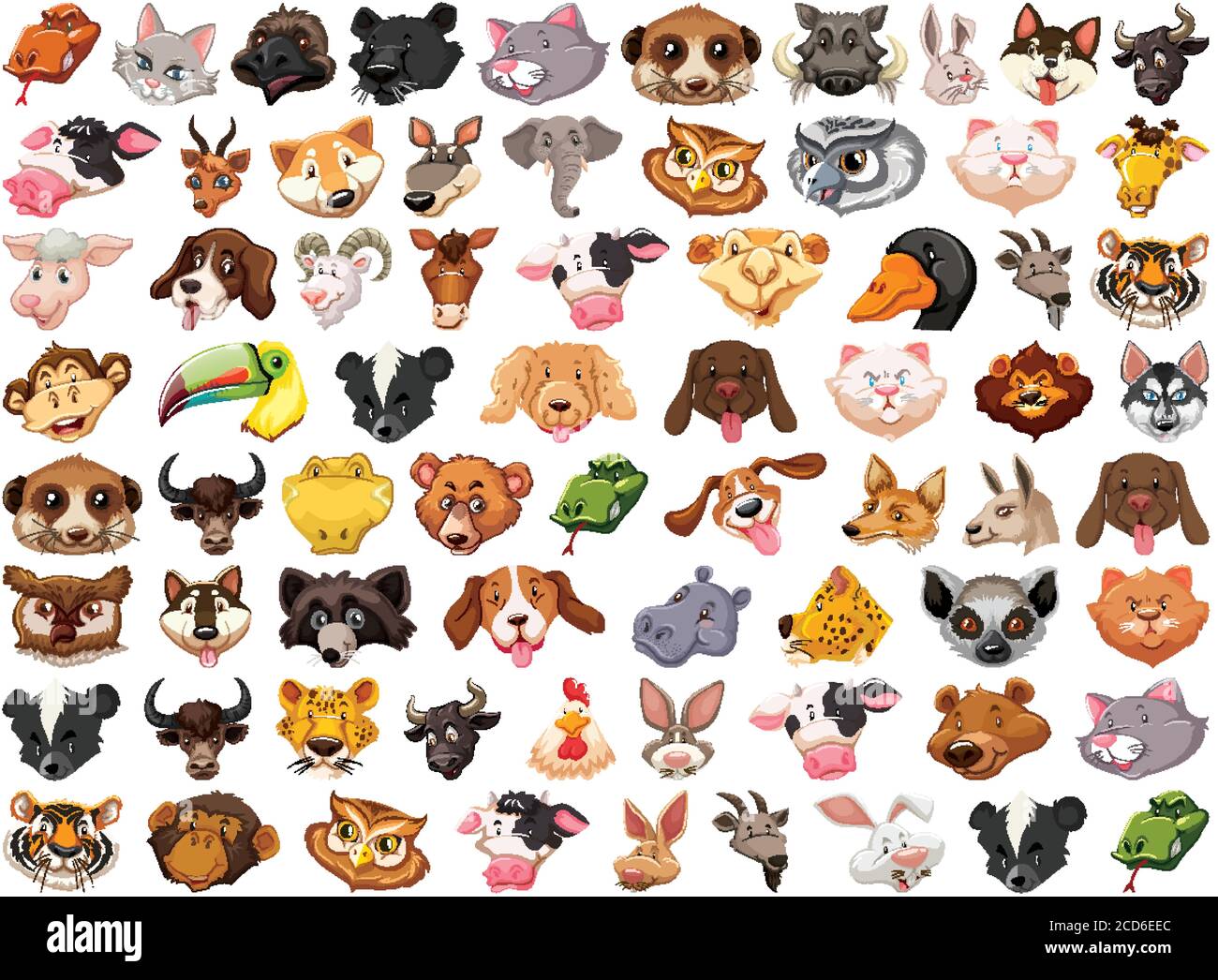 Set of different cute cartoon animals head huge isolated on white ...