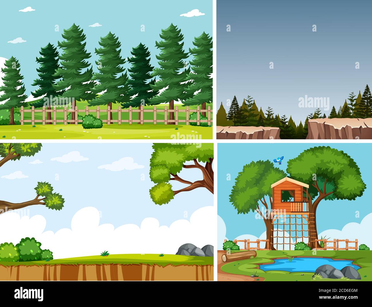 Four different scenes in nature setting cartoon style illustration ...