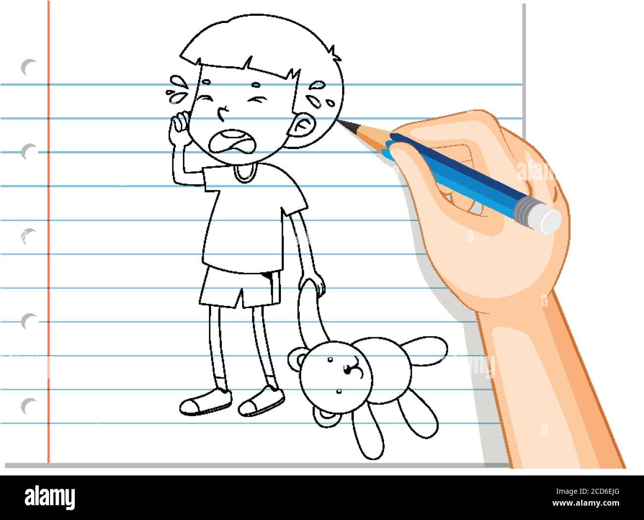 Hand writing of boy crying with teddy bear outline illustration Stock ...