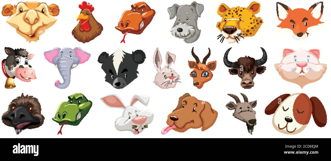Set of different cute cartoon animals head huge isolated on white ...