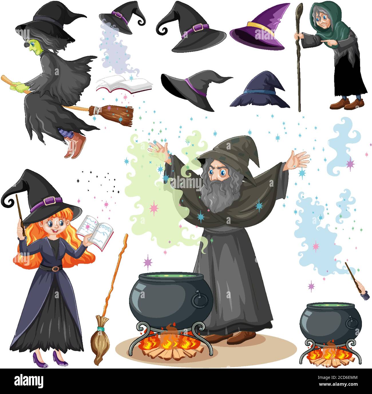 Set of wizard or witches and tools cartoon style isolated on white ...
