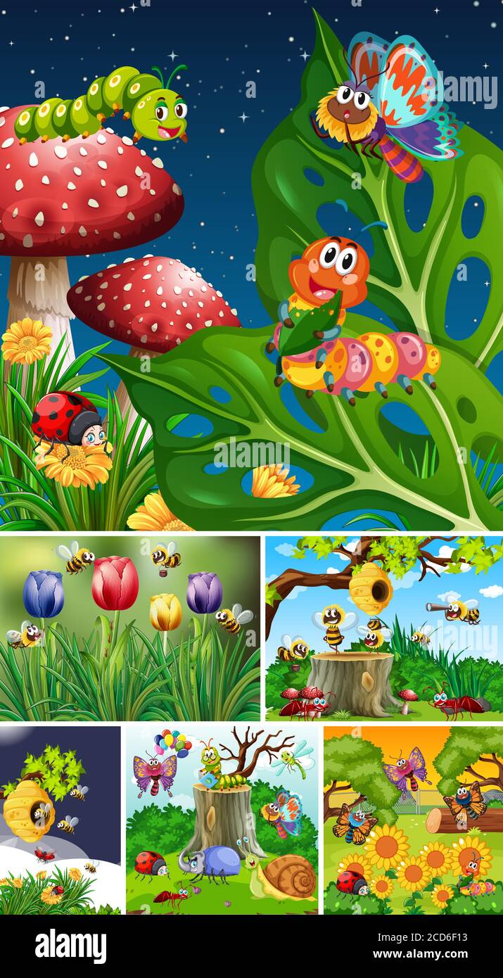Set of different insects living in the garden background illustration ...