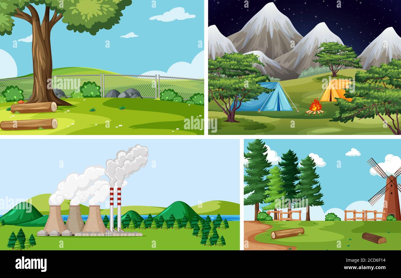 Four different scenes in nature setting cartoon style illustration ...