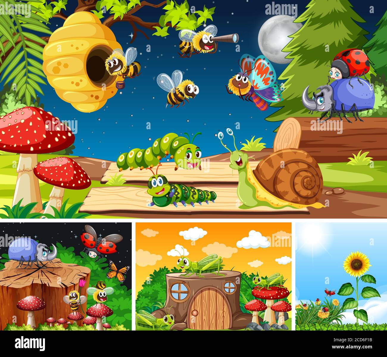 Set of different insects living in the garden background illustration ...