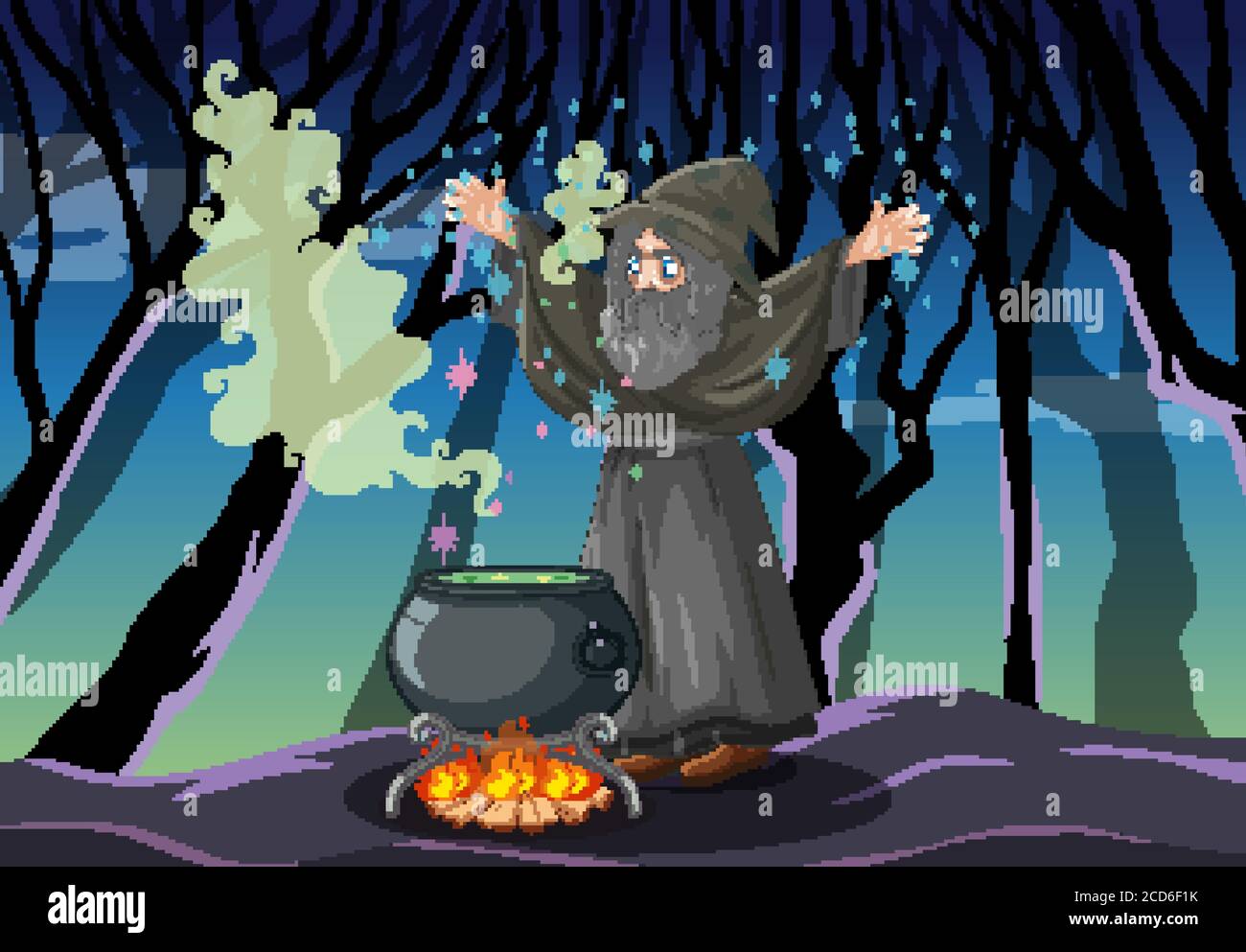 Wizard with black magic pot cartoon style on dark forest background ...