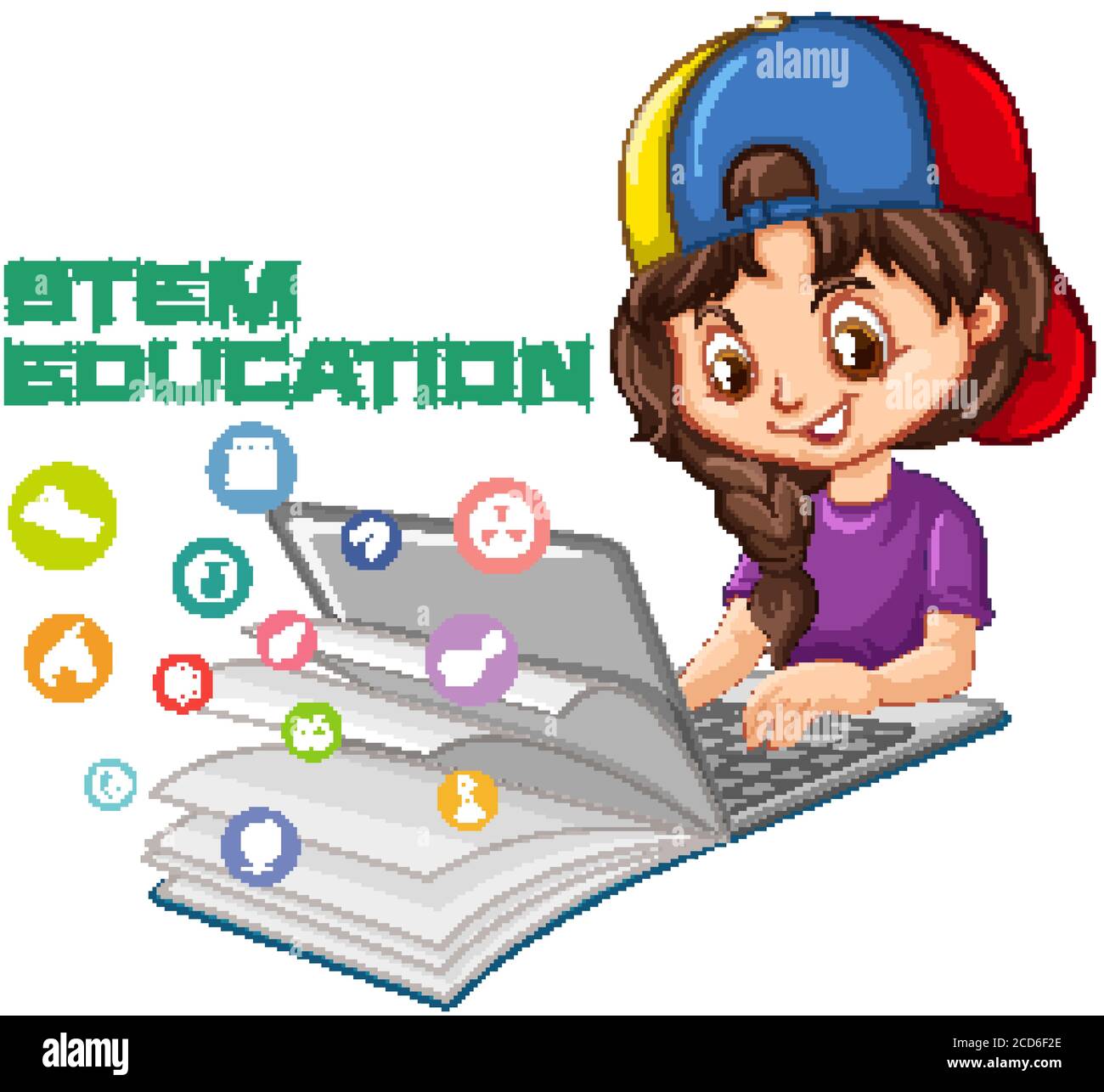 Girl searching on laptop with stem education logo cartoon style ...