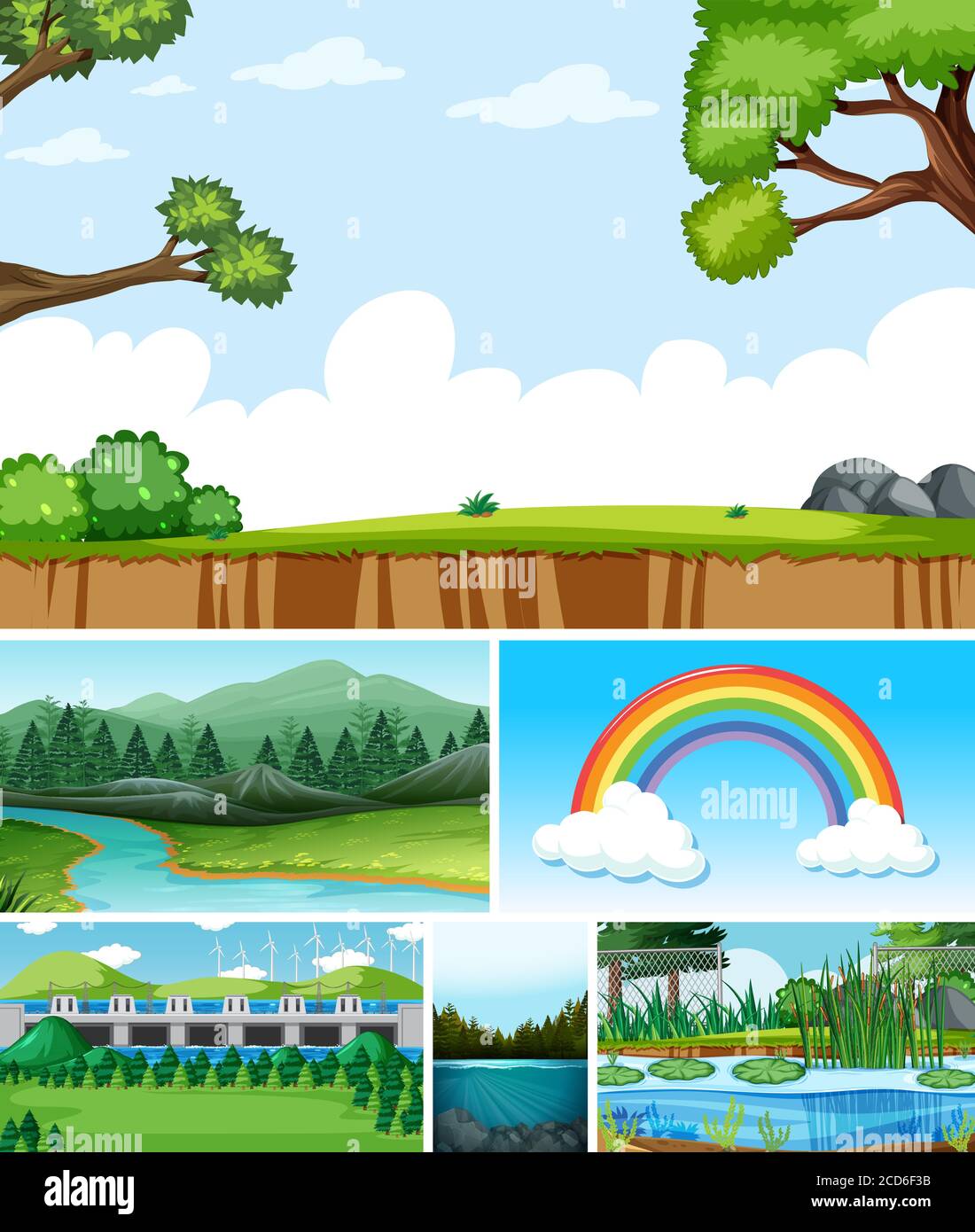Six different scenes in nature setting cartoon style illustration Stock ...