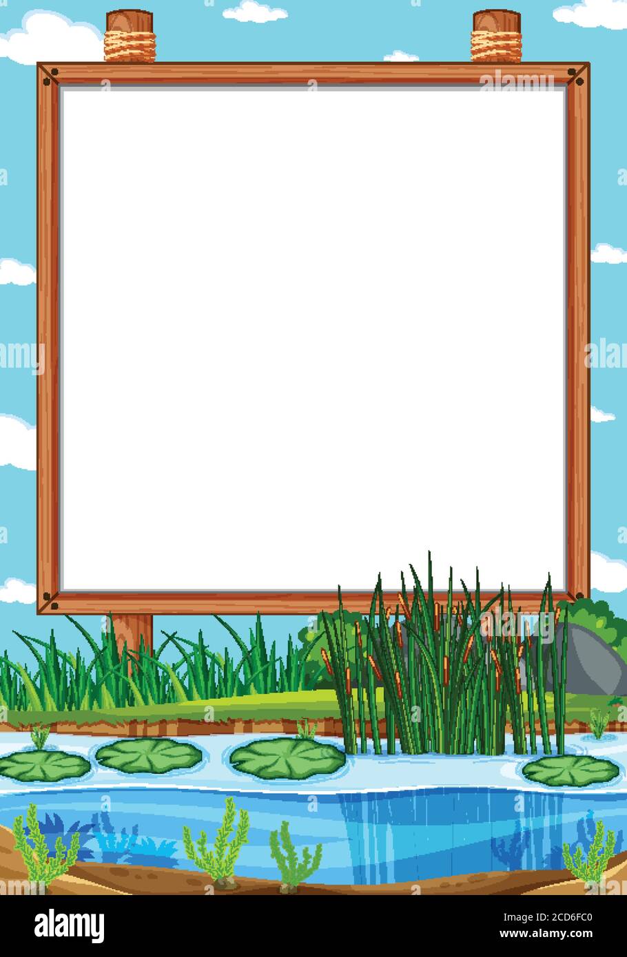 Blank wooden frame in nature park scene with swamp illustration Stock ...