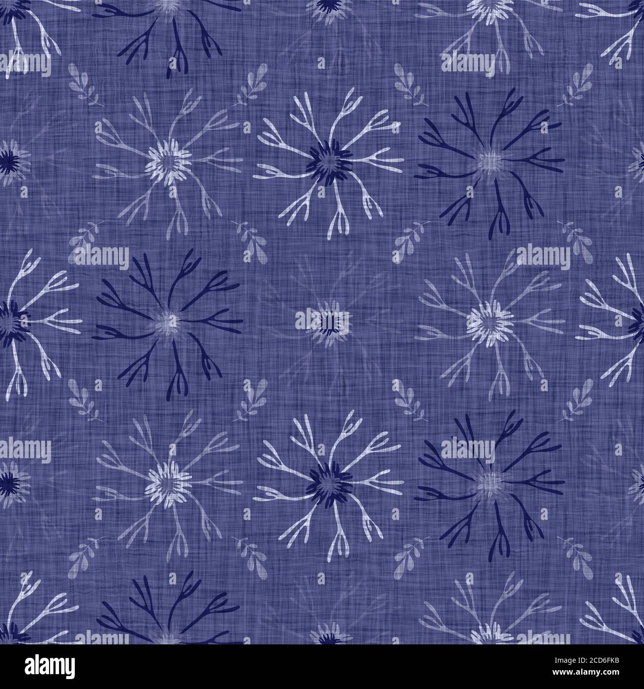Indigo blue flower block print dyed linen texture background. Seamless ...