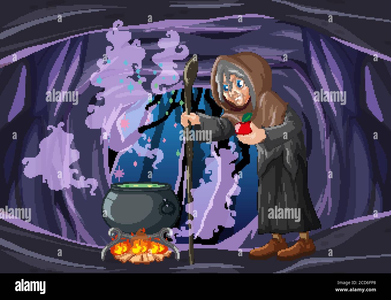 Wizard or witch with magic pot and red apple on dark cave scene ...