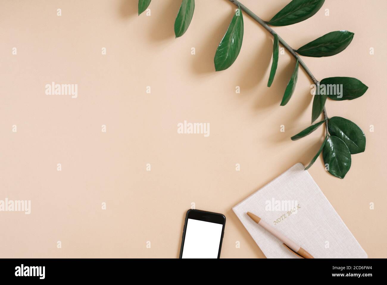 Modern beige office Desk. A table with a diary, a pen, a mobile phone ...