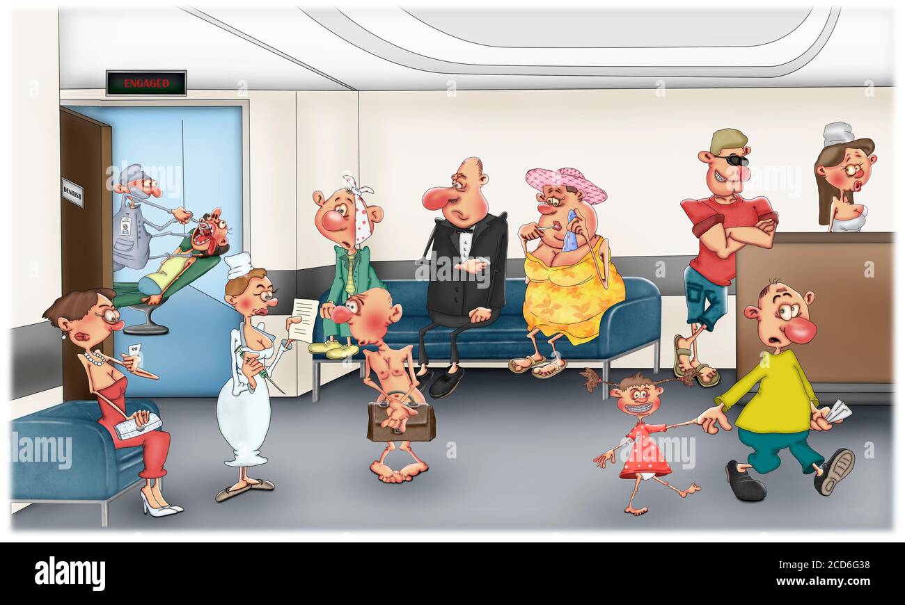 Dental clinic. Patients in the waiting room at the entrance to the ...