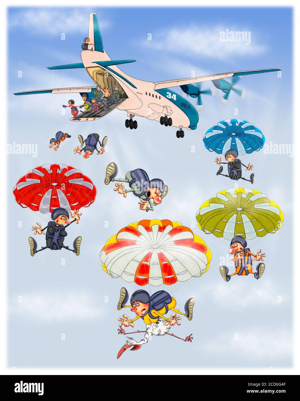 Parachutists jump from an airplane on parachutes. Cheerful children s ...