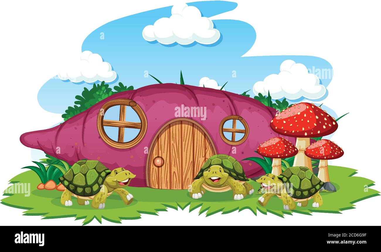Taro house with three turtle cartoon style on white background ...