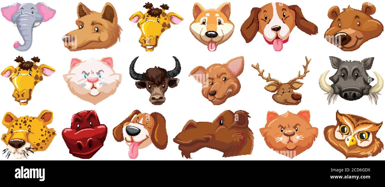 Set of different cute cartoon animals head huge isolated on white ...