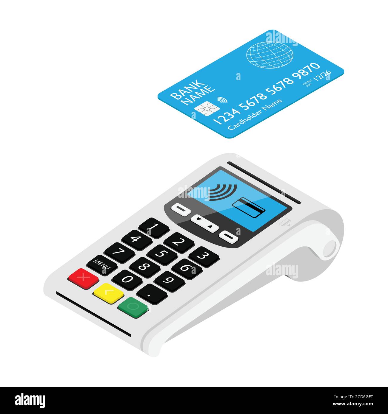 New smart POS terminal payment machine with bank credit card isolated on white background. Bank ...