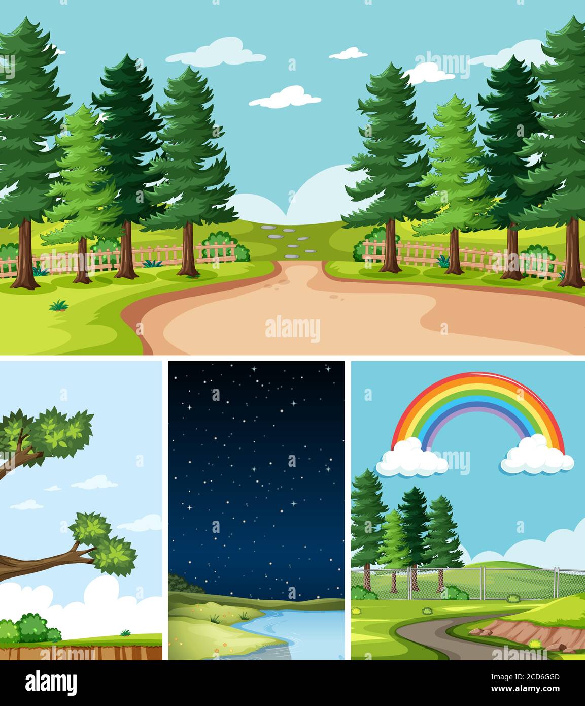 Four different scenes in nature setting cartoon style illustration ...