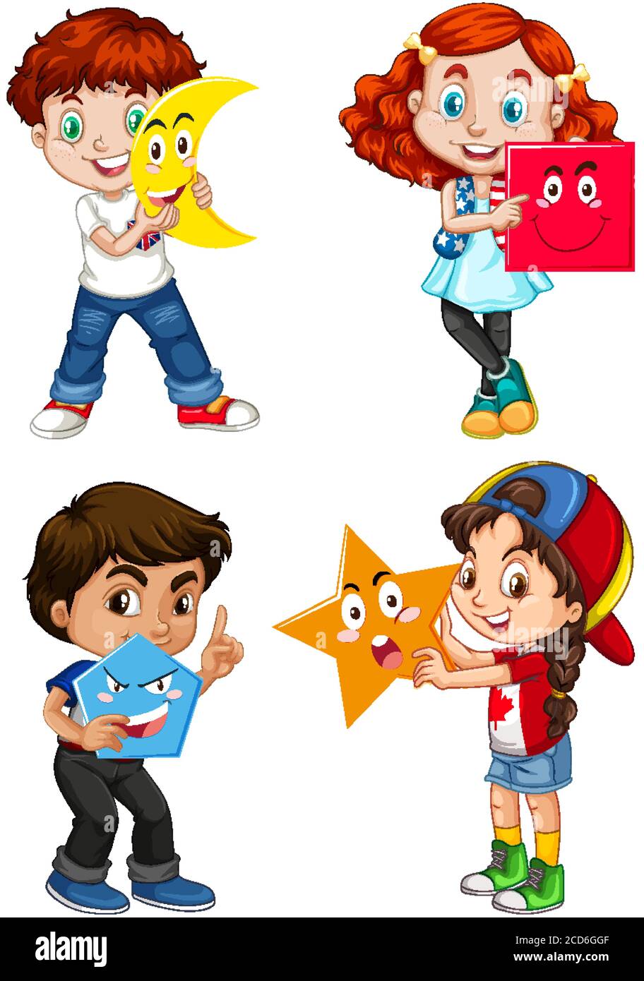 Set of multicultural children holding geometric shapes illustration ...