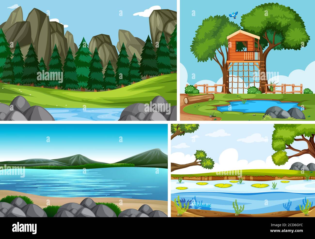 Four different scenes in nature setting cartoon style illustration ...