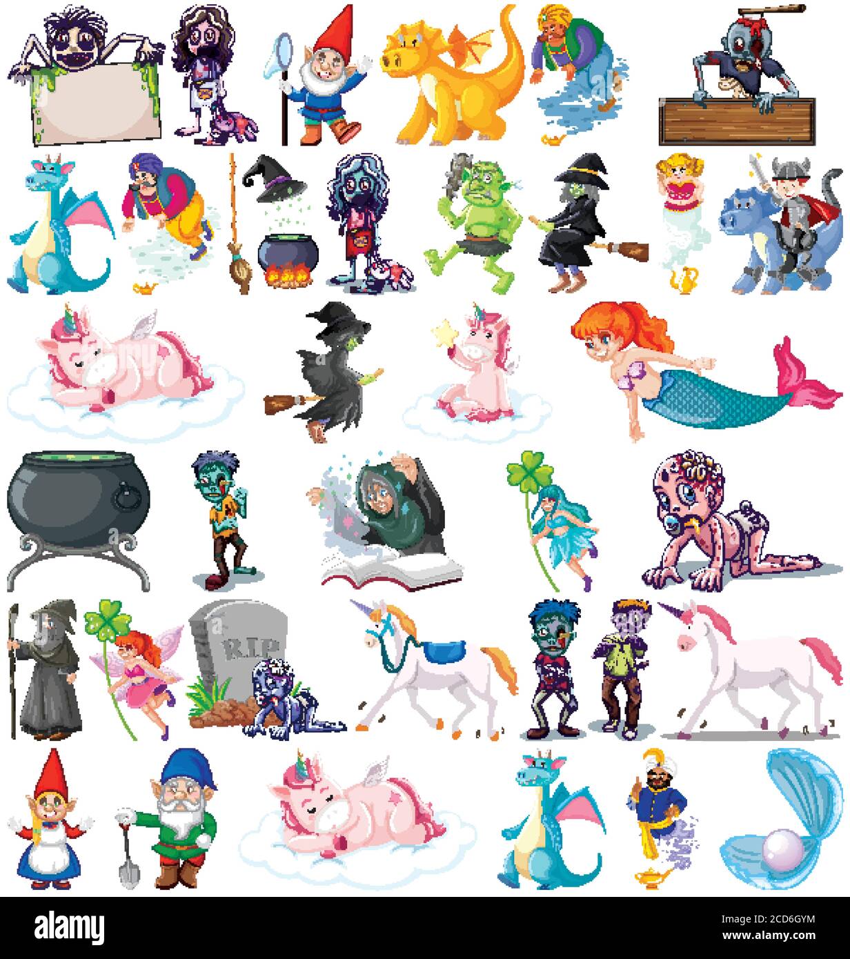 Set of fantasy cartoon characters and fantasy theme isolated on white ...