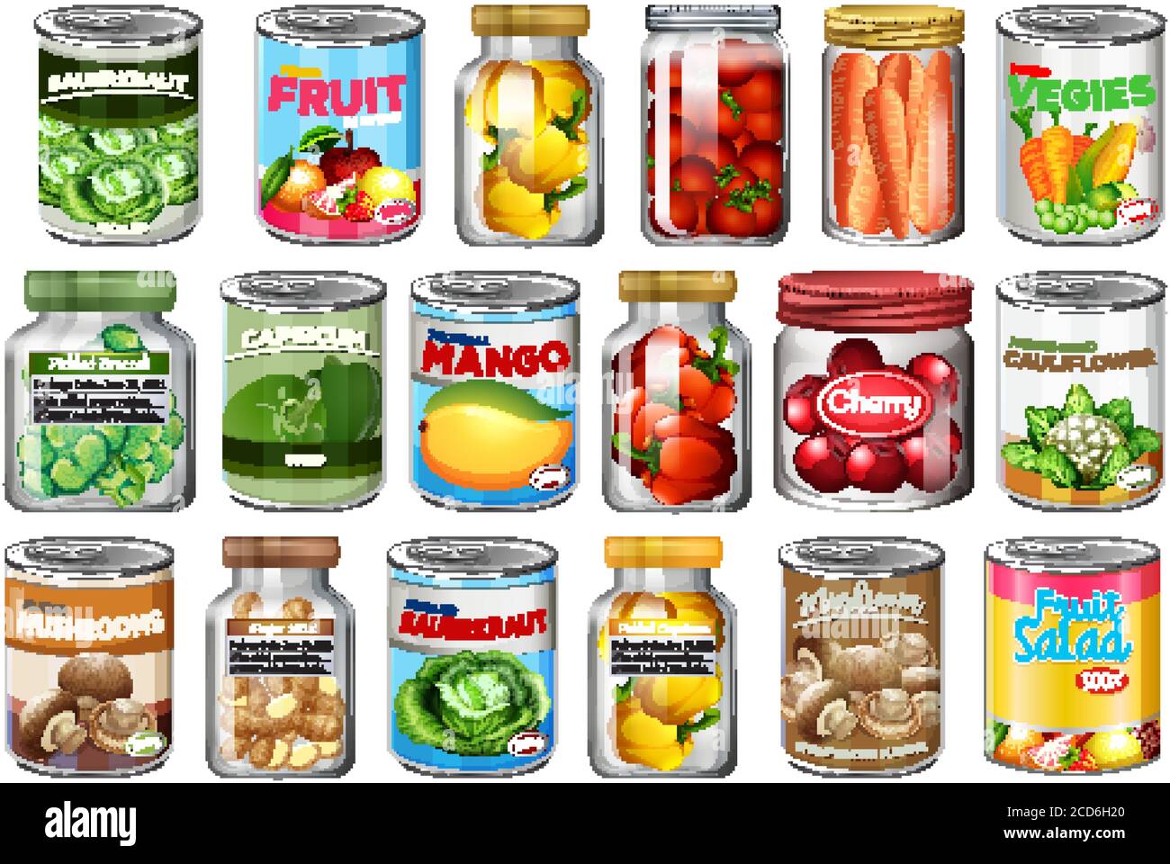 Set of different canned food and food in jars isolated illustration ...