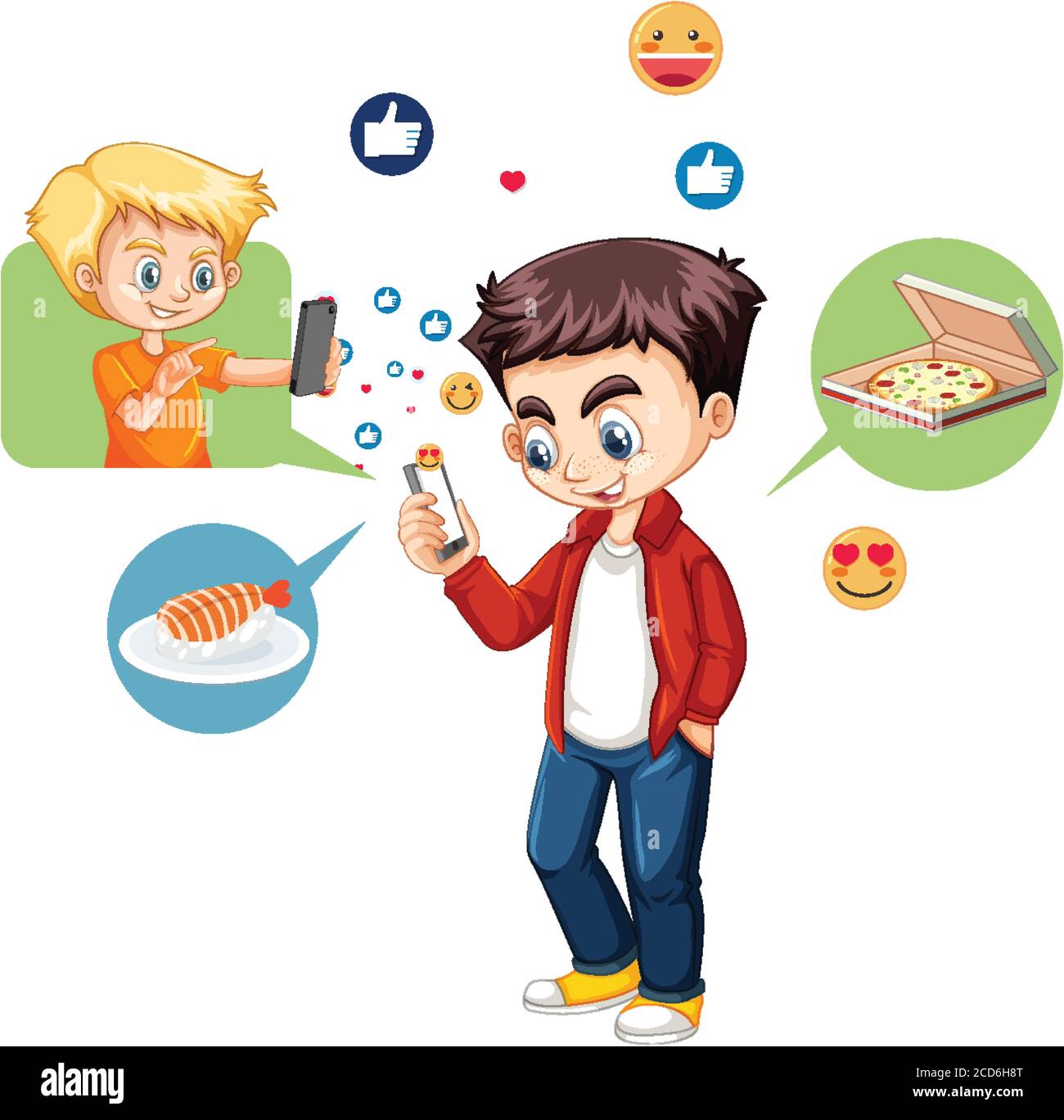 Boy using smartphone with emoji icon isolated on white background ...