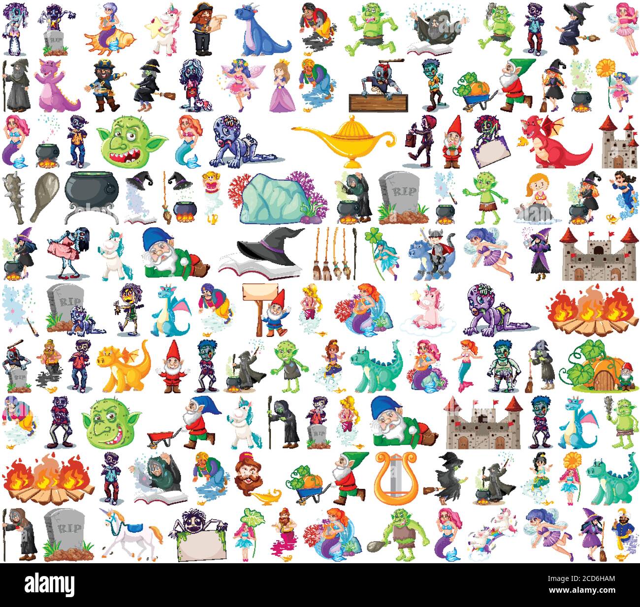 Set of fantasy cartoon characters and fantasy theme isolated on white ...