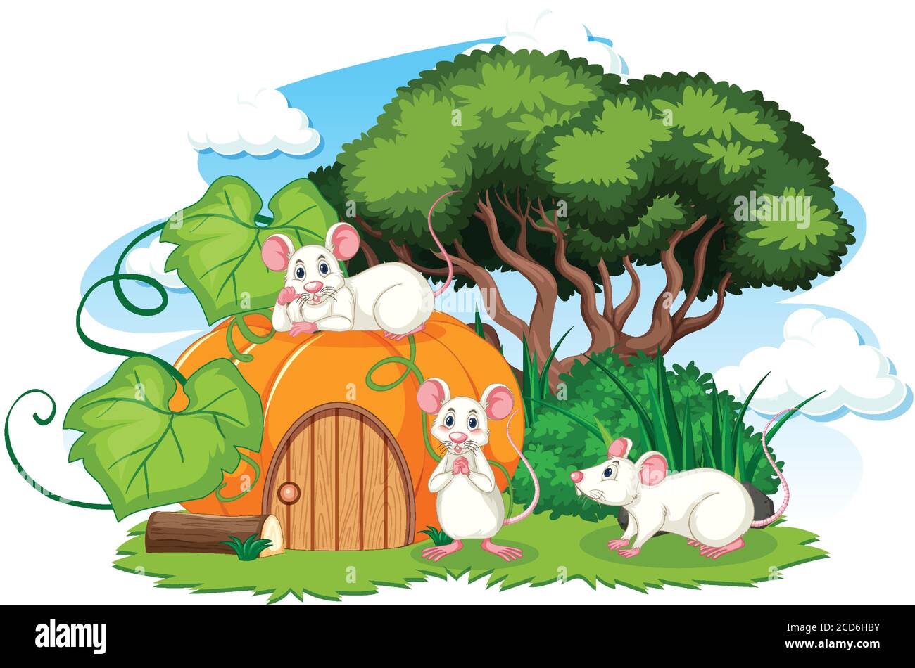 Pumpkin house with three mouses cartoon style on white background ...