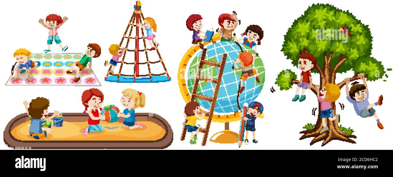 Set of different kid activities isolated on white background ...