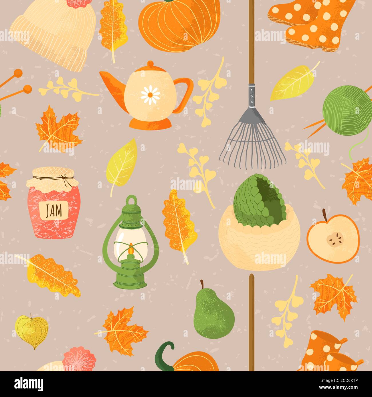 Vector seamless pattern with autumns cozy object and falls leaves and ...