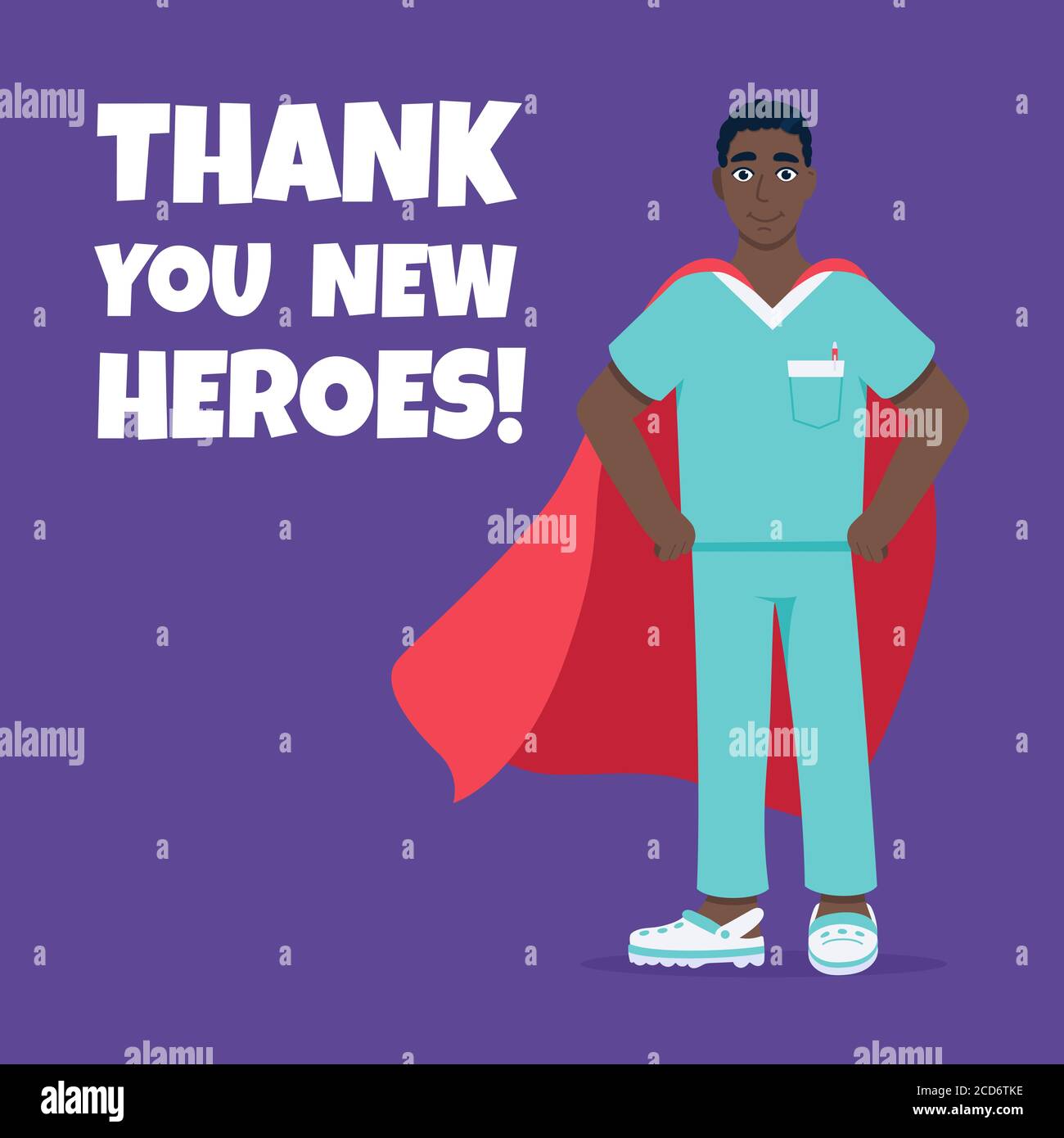 Young male nurse hospital medical employee with hero cape behind fights ...