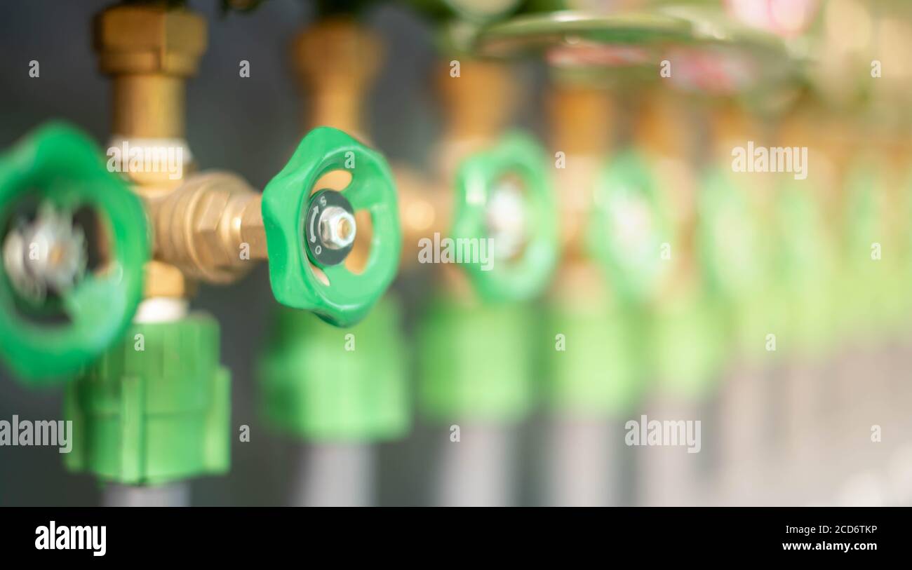 Row of industrial pipelines and valves with green wheels on grey wall ...
