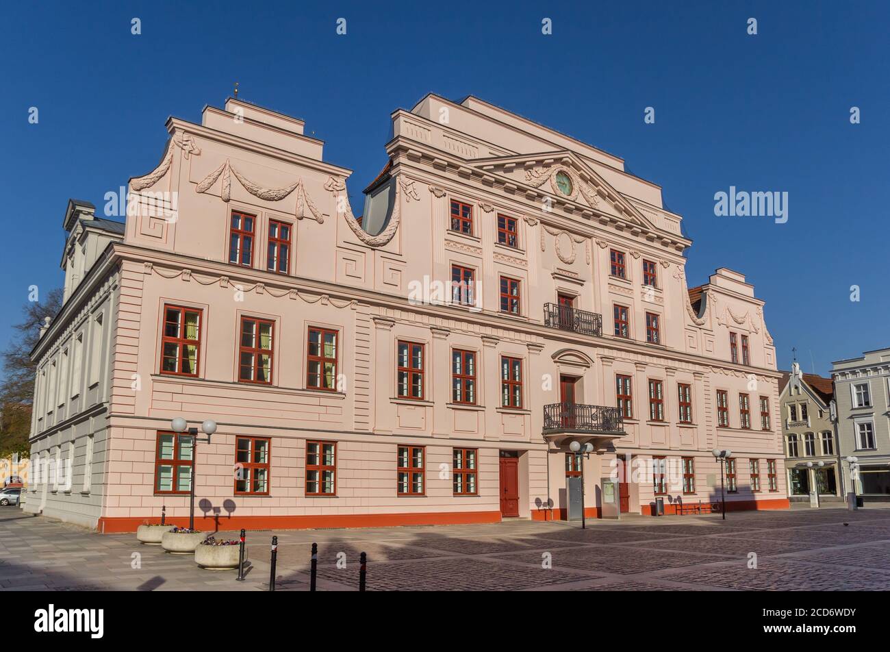Historic town hall on the central market square of Gustrow, Germany ...