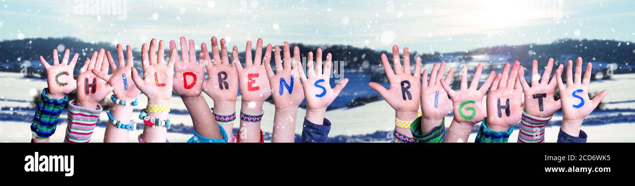 Children Hands Building Word Children Rights, Snowy Winter Background ...