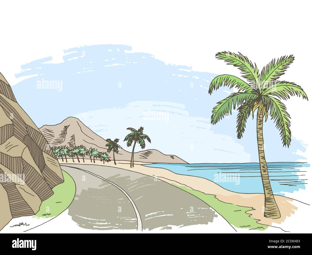 Sea coast road graphic color landscape sketch illustration vector Stock ...