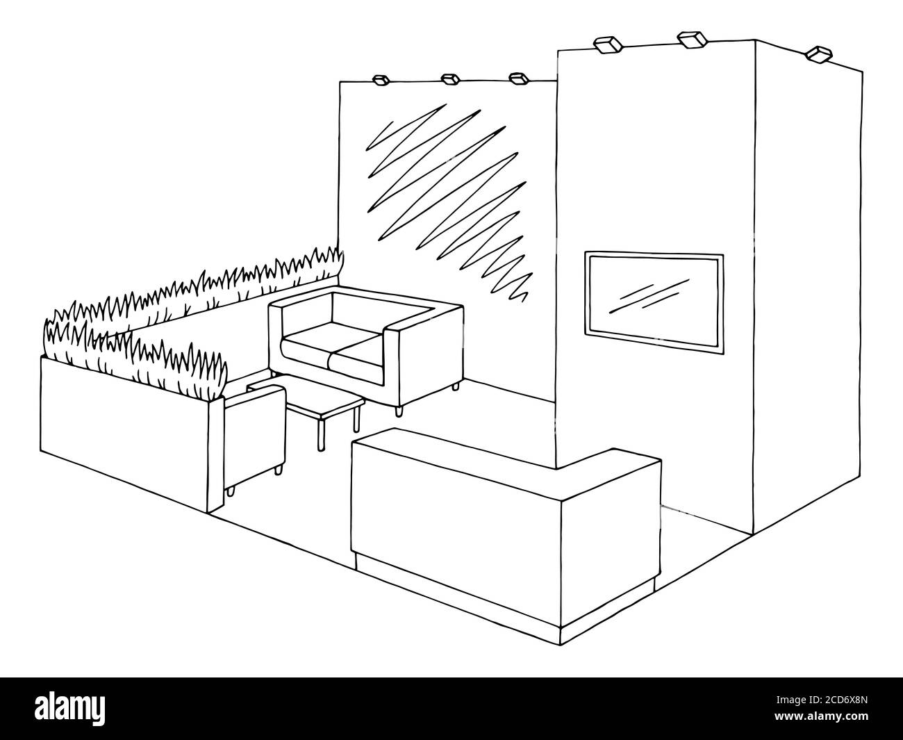 Exhibition stand graphic interior black white sketch illustration ...