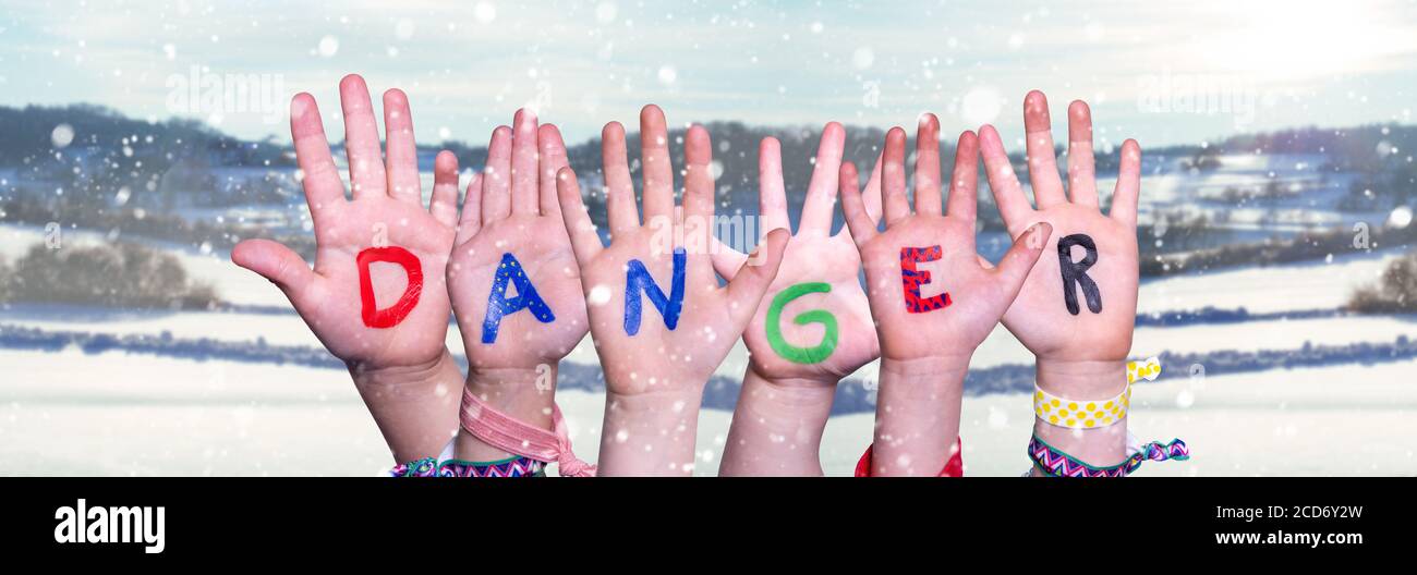 Children Hands Building Word Danger, Snowy Winter Background Stock ...