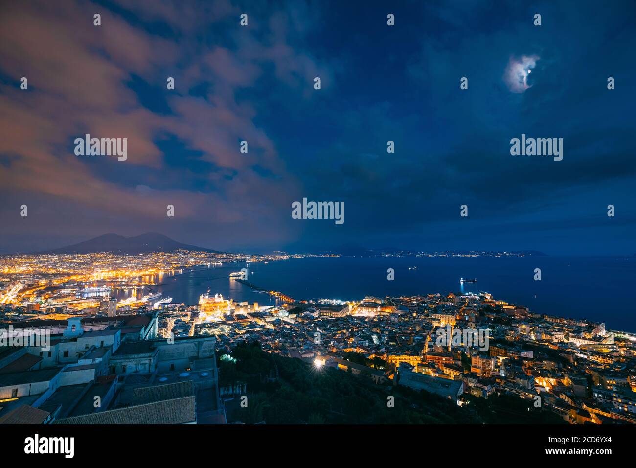 Naples, Italy. Skyline Cityscape In Evening Lighting. Tyrrhenian Sea ...